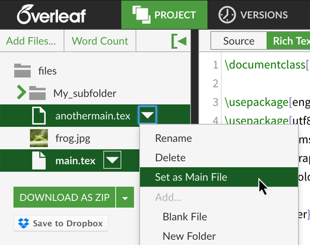 Can I Choose Which File Is The Main Tex File In A Project On Overleaf Overleaf Online Latex