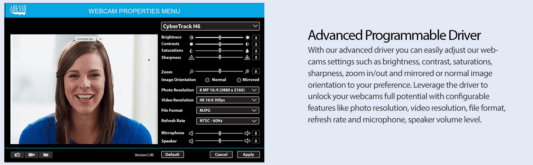 Adesso CYBERTRACK H6 4K Ultra HD USB Webcam with Built-in Dual Microph ...